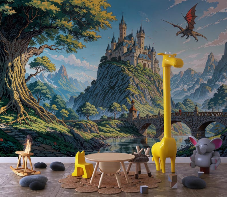Dragon Castle Peel and Stick Wallpaper, Fantasy Mural, Kids Room Decor ...