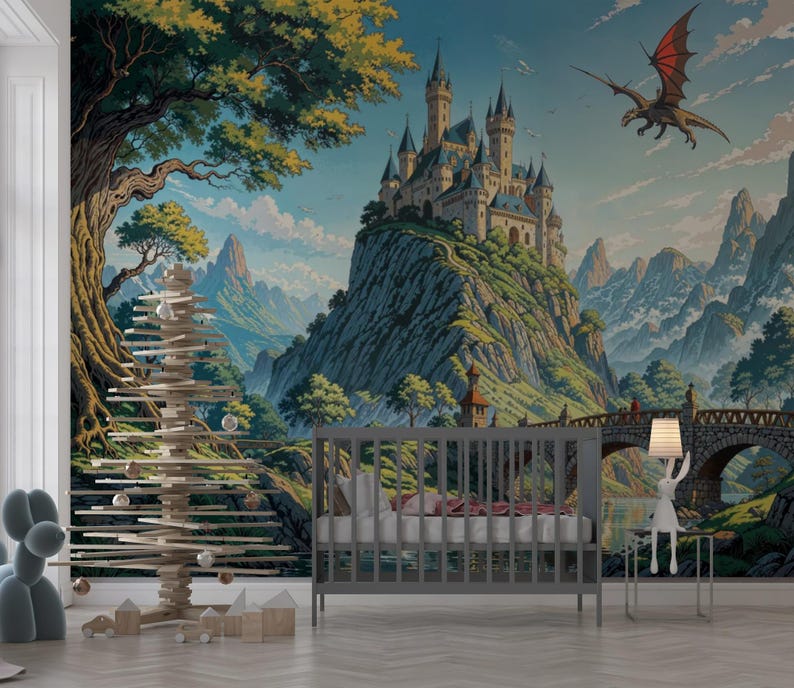Dragon Castle Peel and Stick Wallpaper, Fantasy Mural, Kids Room Decor ...
