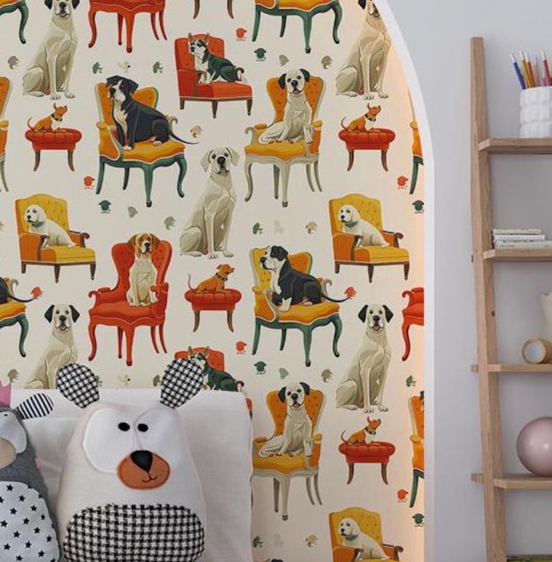 Vintage Dog Pattern Wallpaper, Animal Lovers Wall Decor, Playful Dogs ...
