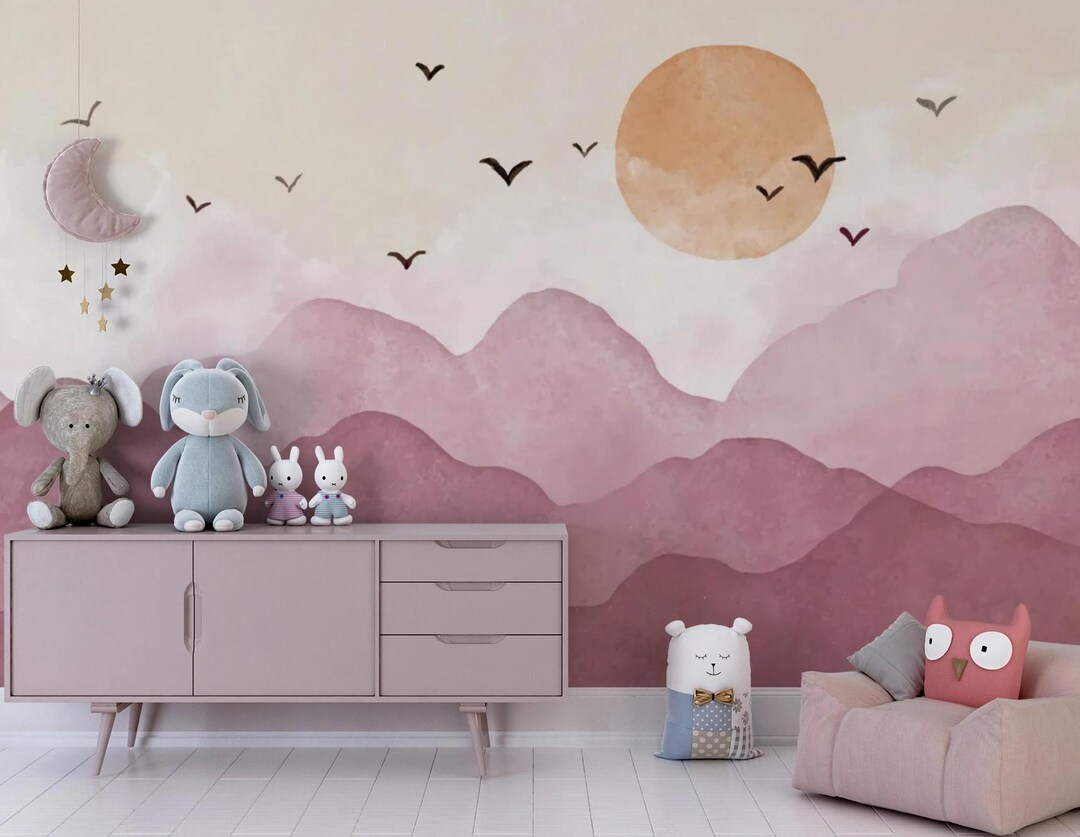 Pink Sunset Mountain Wallpaper, Boho Sunset Landscape, Calming Nature ...