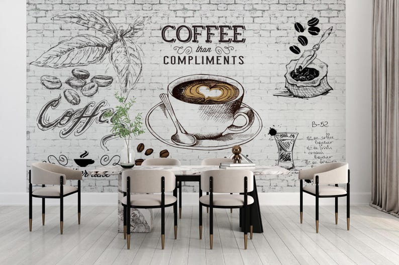 Coffee Sketch Brick Wallpaper, Cafe Wall Decor, Rustic Coffee Art ...