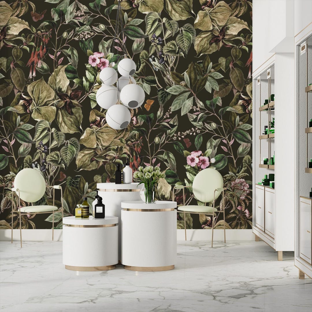 Botanical Greenery Wall Mural, Vibrant Leaves and Flowers - Etsy