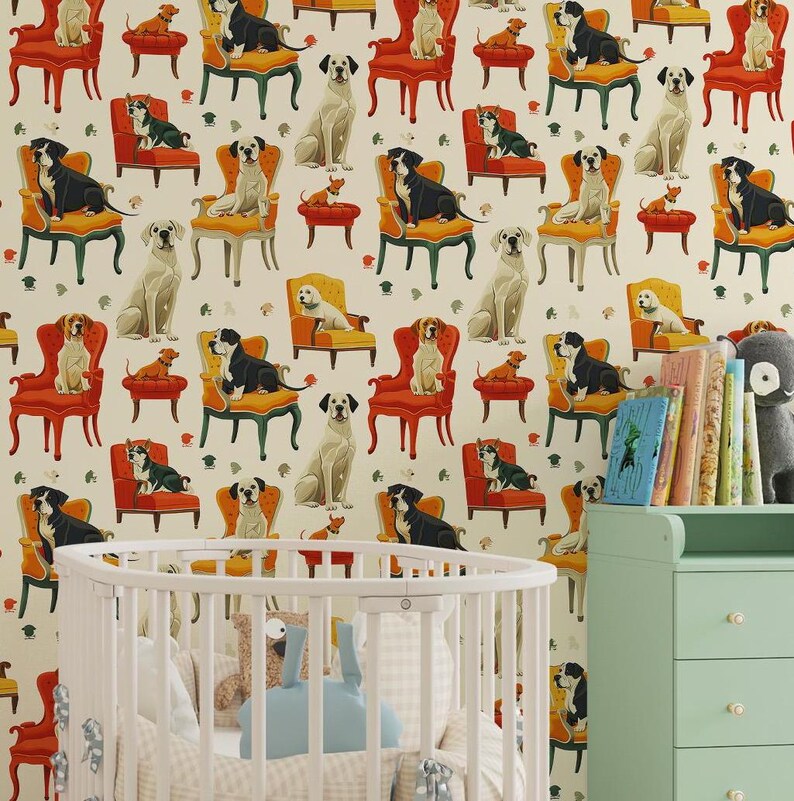 Vintage Dog Pattern Wallpaper, Animal Lovers Wall Decor, Playful Dogs ...