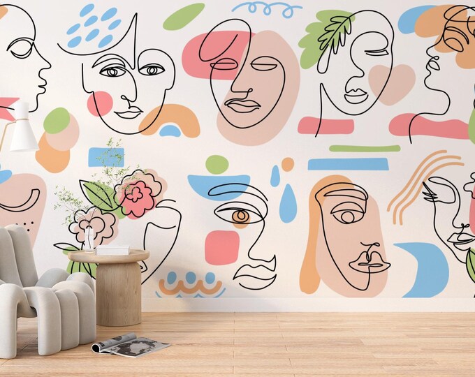 Feminine and Floral One Line Drawing Abstract Face Peel and Stick ...