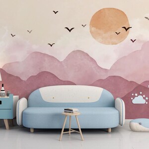 Pink Sunset Mountain Wallpaper, Boho Sunset Landscape, Calming Nature ...