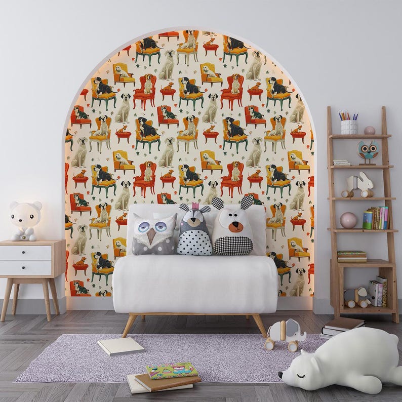 Vintage Dog Pattern Wallpaper, Animal Lovers Wall Decor, Playful Dogs ...