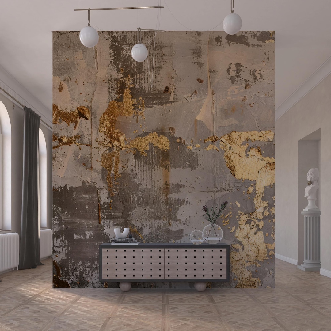 Gold Look Wallpaper, Distressed Abstract Mural, Industrial Style Decor ...