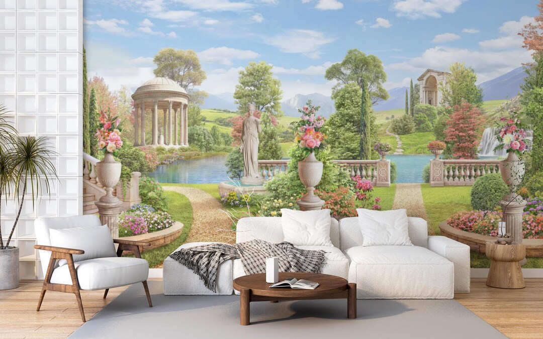 Neoclassical Garden Wall Mural, Romantic Floral Landscape Wallpaper ...