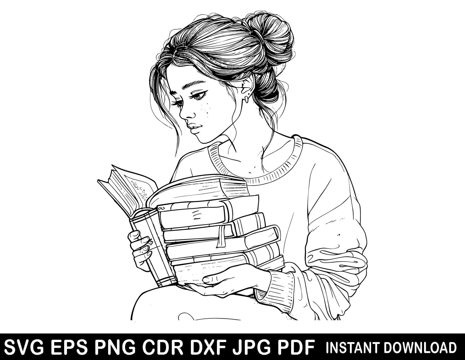 Girl Reading Book Svg \ Book Art \ Reading Book Svg \ Girl With Books ...