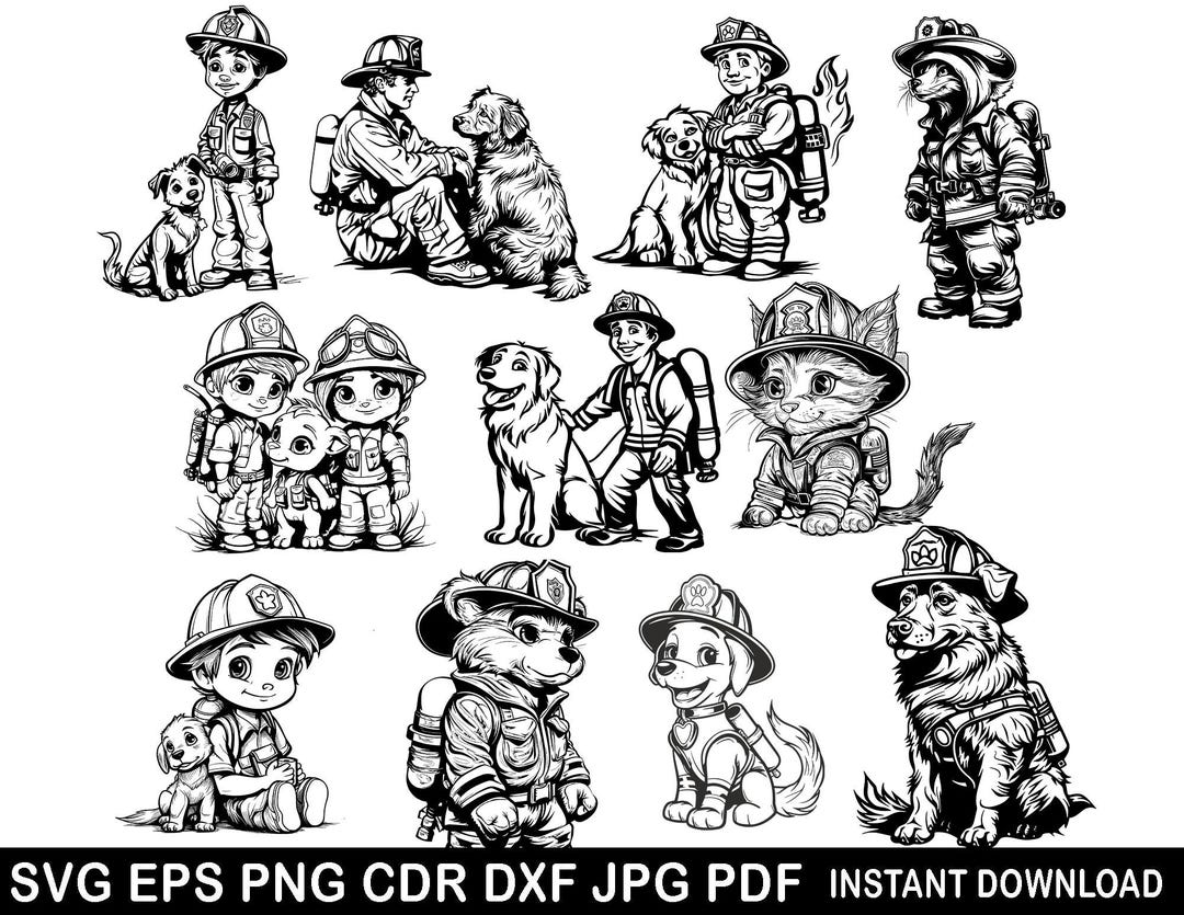 Firefighter Cute Dog & Cat Bundle Svg, Puppy Rescue Bundle Svg ...