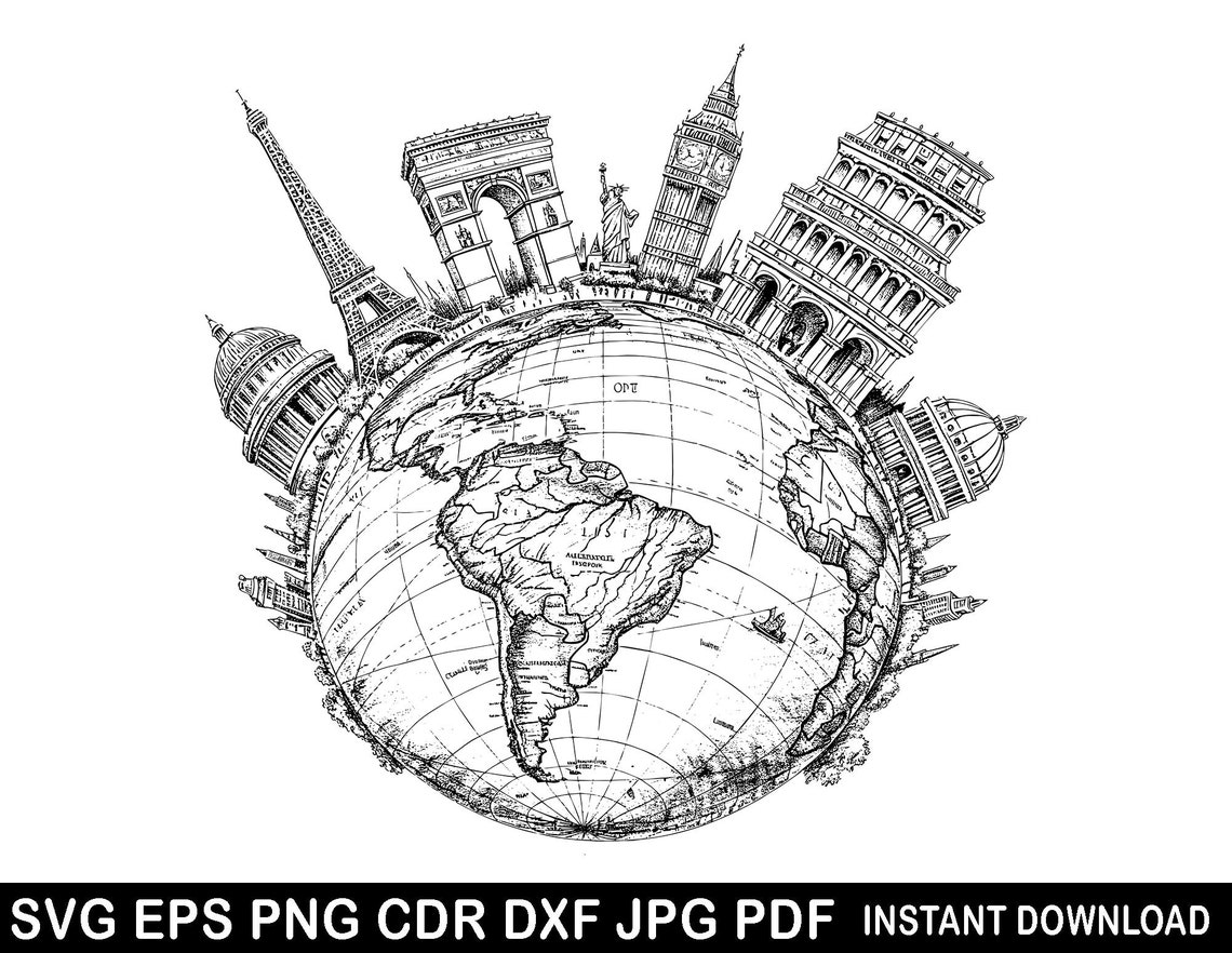 Compass Globe World Map | Svg Eps Png Dxf Jpg Pdf Cdr | Wall Sticker ...