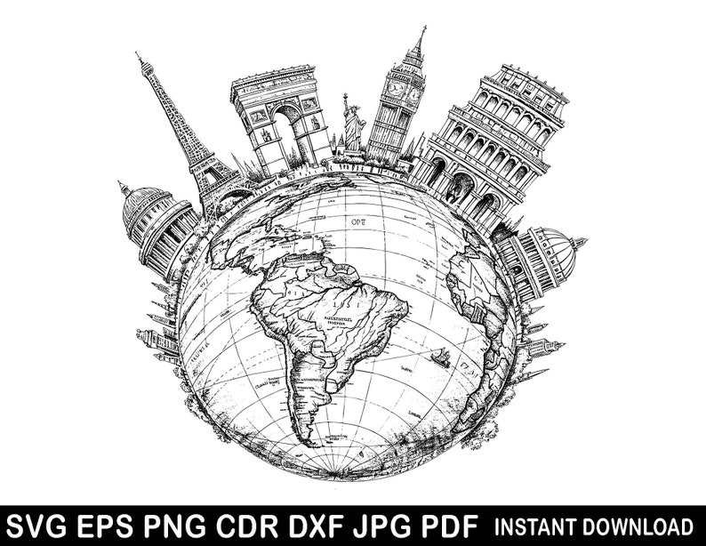 Compass Globe World Map | Svg Eps Png Dxf Jpg Pdf Cdr | Wall Sticker ...