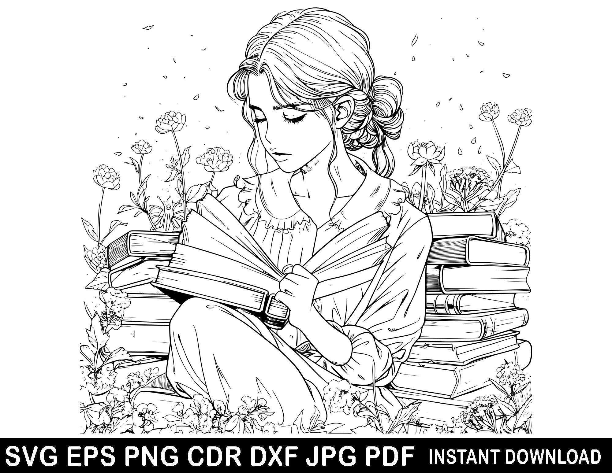 Girl on Books Svg, Book Reading Png, Book Dxf, Reading Logo, Book Lover ...