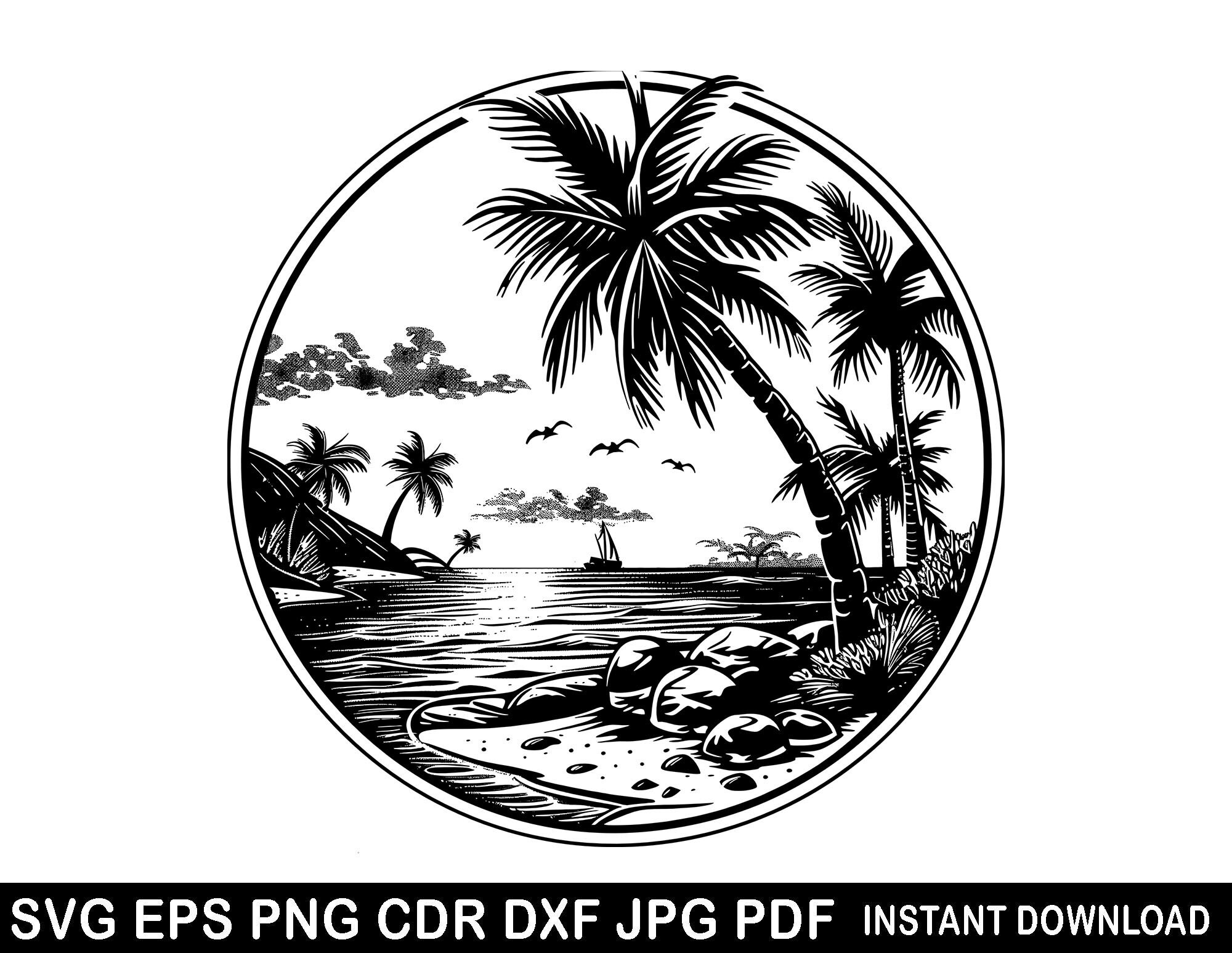 Beach Scene Svg, Sunset Beach Cricut, Beach Life Dxf, Palm Tree Vector ...