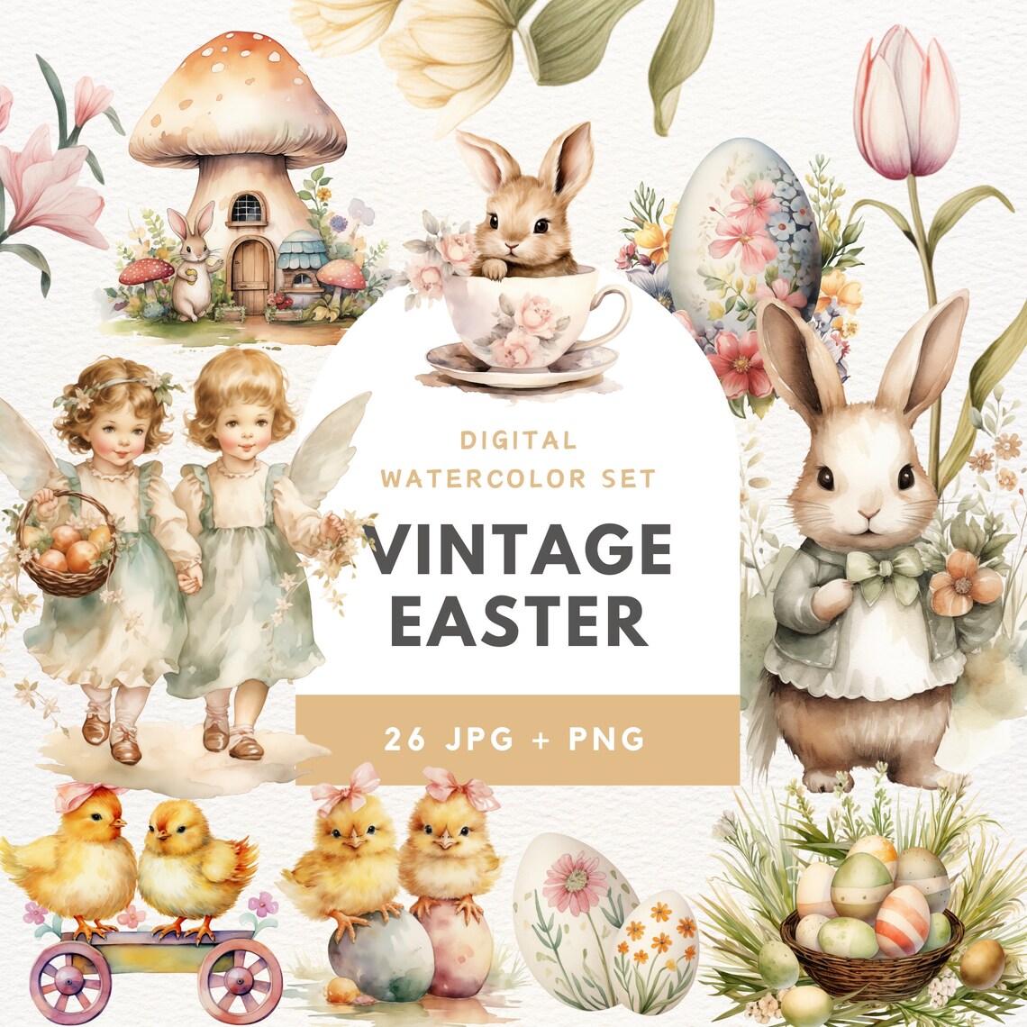 Vintage Easter Clipart, Watercolor Easter Clipart, Spring Clipart ...