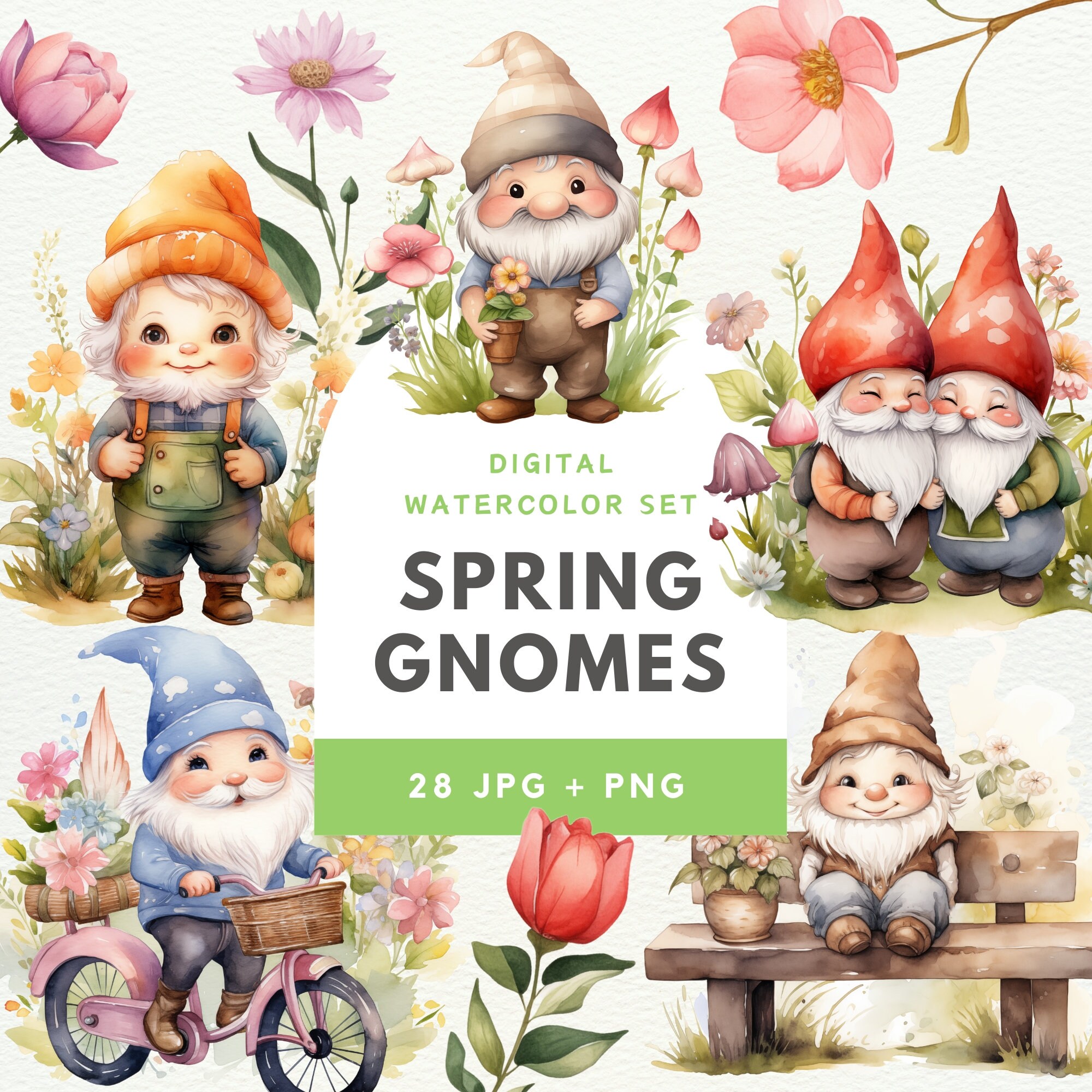 Spring Gnomes Clipart, Watercolor Spring Clipart, Spring PNG, Gnomes ...