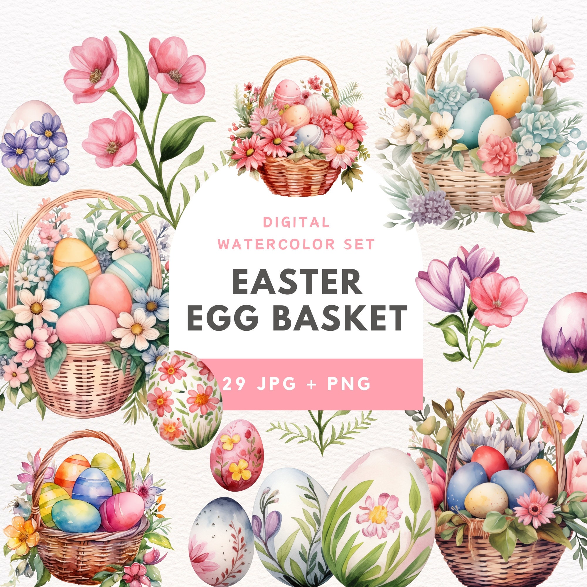 Easter Egg Basket Clipart, Watercolor Easter Clipart, Spring Clipart ...
