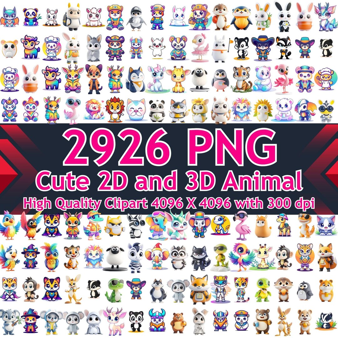 Cute 2D and 3D Animal Bundle, Cute Animal Clipart, Kawaii Animals, Cute ...