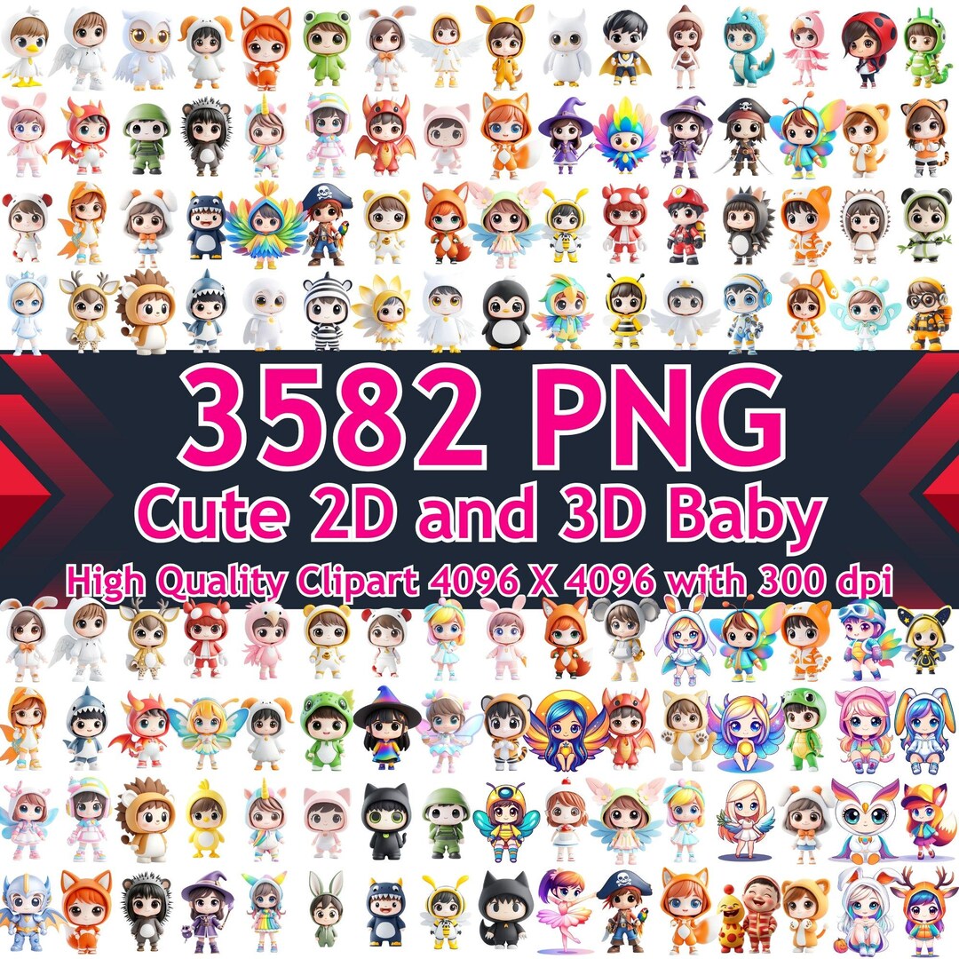 Cute 2D and 3D Baby Clipart Bundle, Cute Baby Costume, Kawaii Baby ...