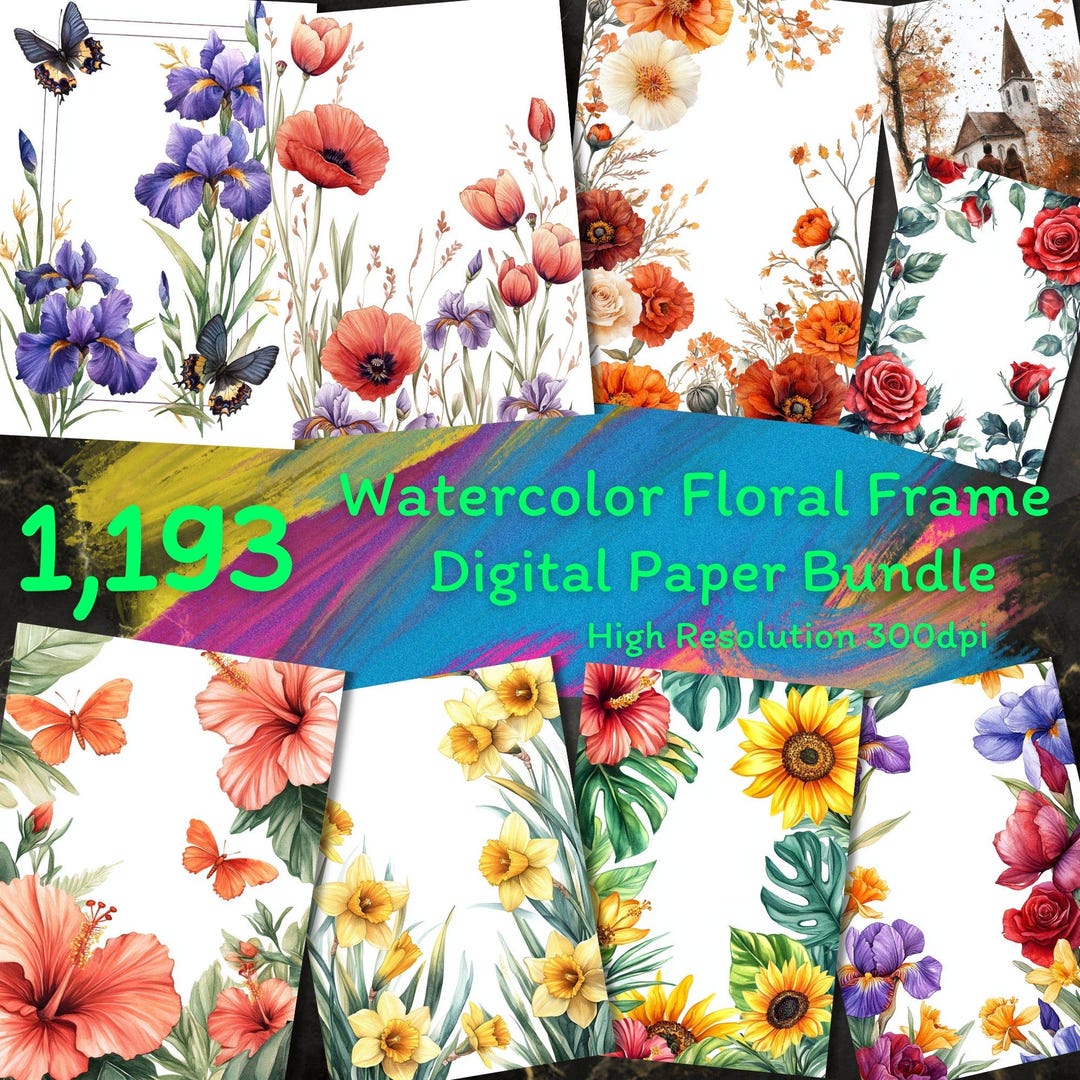 Watercolor Floral Frame, Digital Paper Bundle, Scrapbooking, Digital ...
