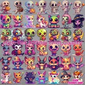 Cute Kawaii Halloween Clipart Bundle, Spooky Characters, Cute Ghosts ...