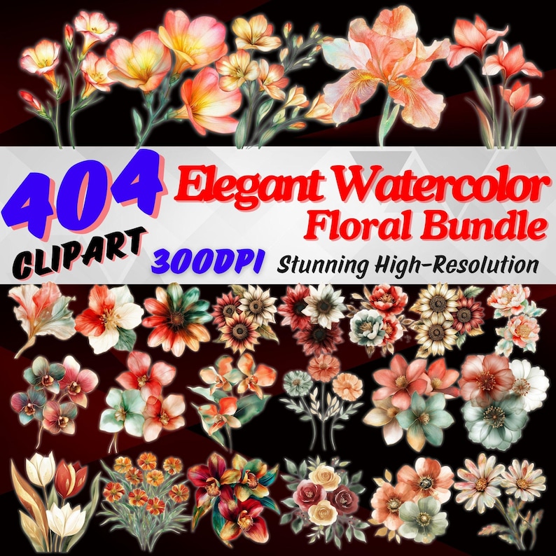 Elegant Watercolor Floral Clipart Bundle: 404 PNG Designs (300 DPI ...