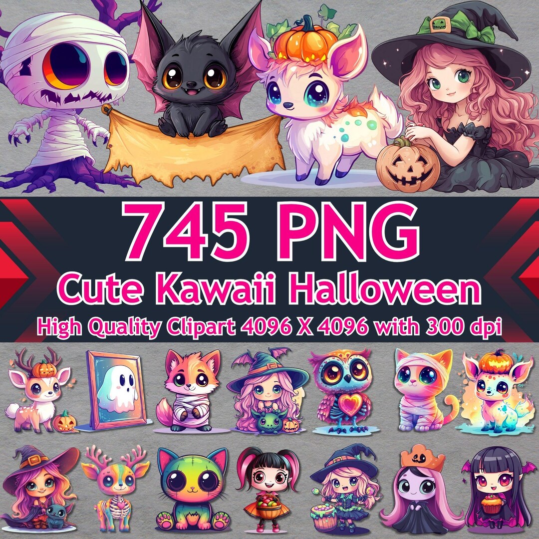 Cute Kawaii Halloween Clipart Bundle, Spooky Characters, Cute Ghosts ...