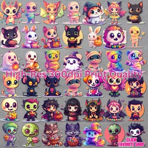 Cute Kawaii Halloween Clipart Bundle, Spooky Characters, Cute Ghosts ...