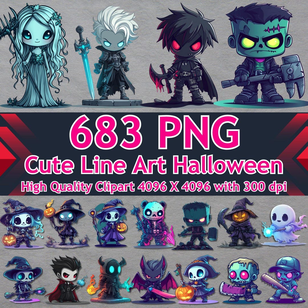 Halloween Clipart Bundle, Spooky Line Art PNG (digital Download) - Etsy