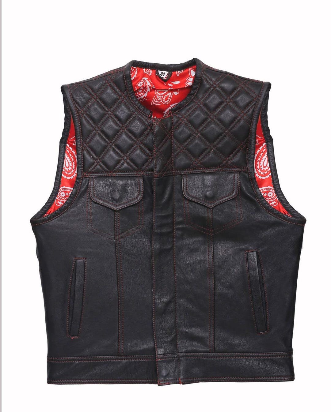Black and Red Motorcycle Vest | Black Leather Vest | Leather Biker Vest ...