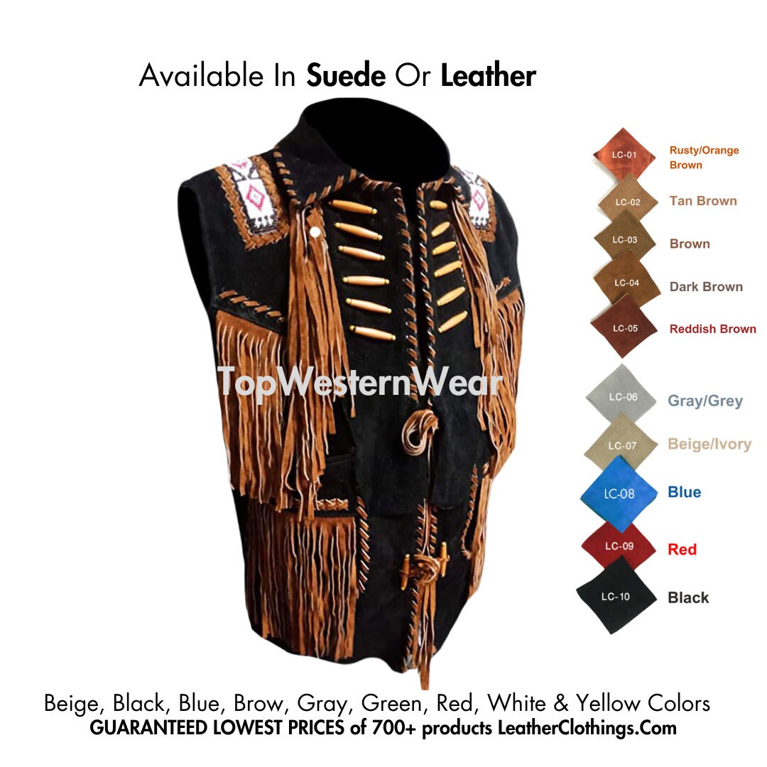 Native Indian American Fringes Suede Vest Beaded Unisex Men Women ...