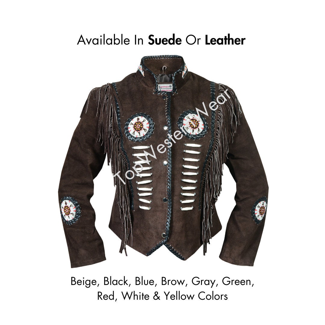 Native Indian Suede Fringes Jacket Women Military Style Beaded Coat ...
