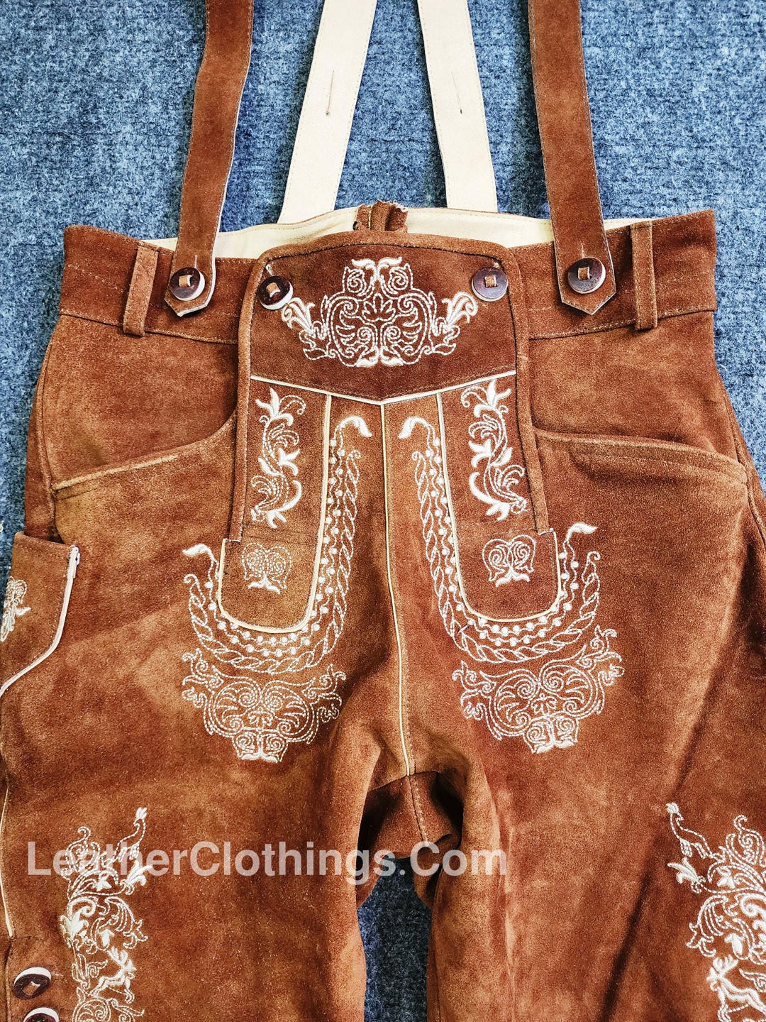Men’s Traditional Brown Suede Lederhosen With Embroidered Suspenders ...