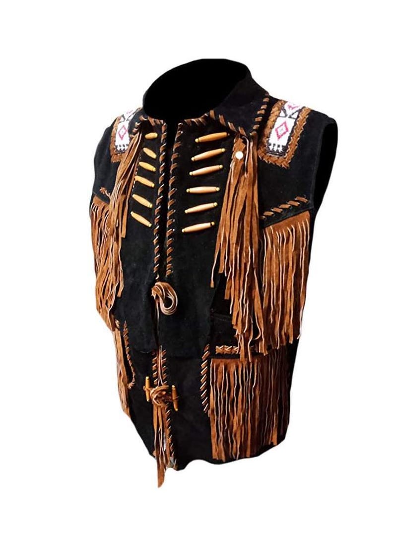 Native Indian American Fringes Suede Vest Beaded | Unisex Men Women ...