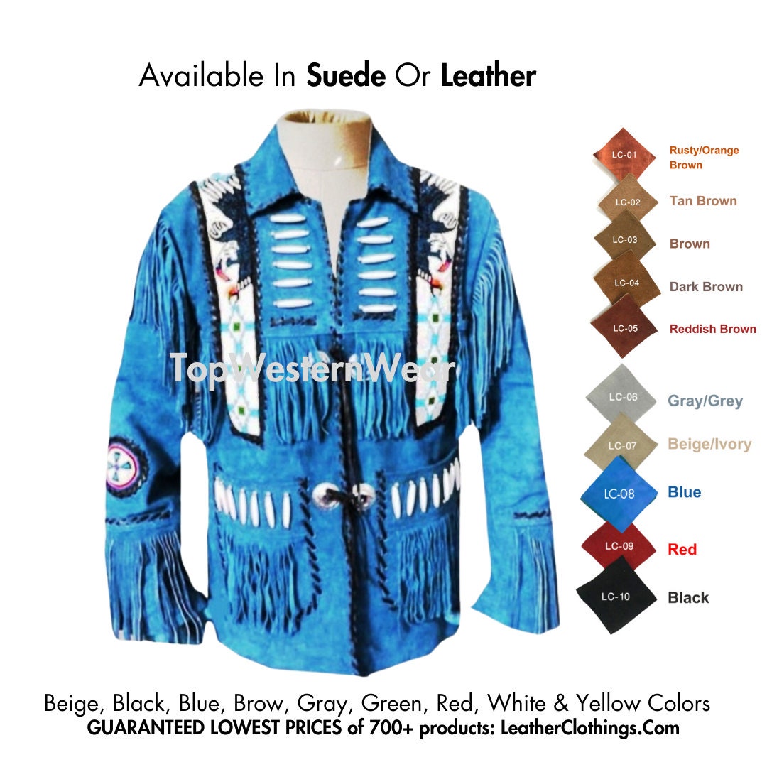 Men Fringes Eagle Beaded Blue Suede Leather Jacket Native American ...
