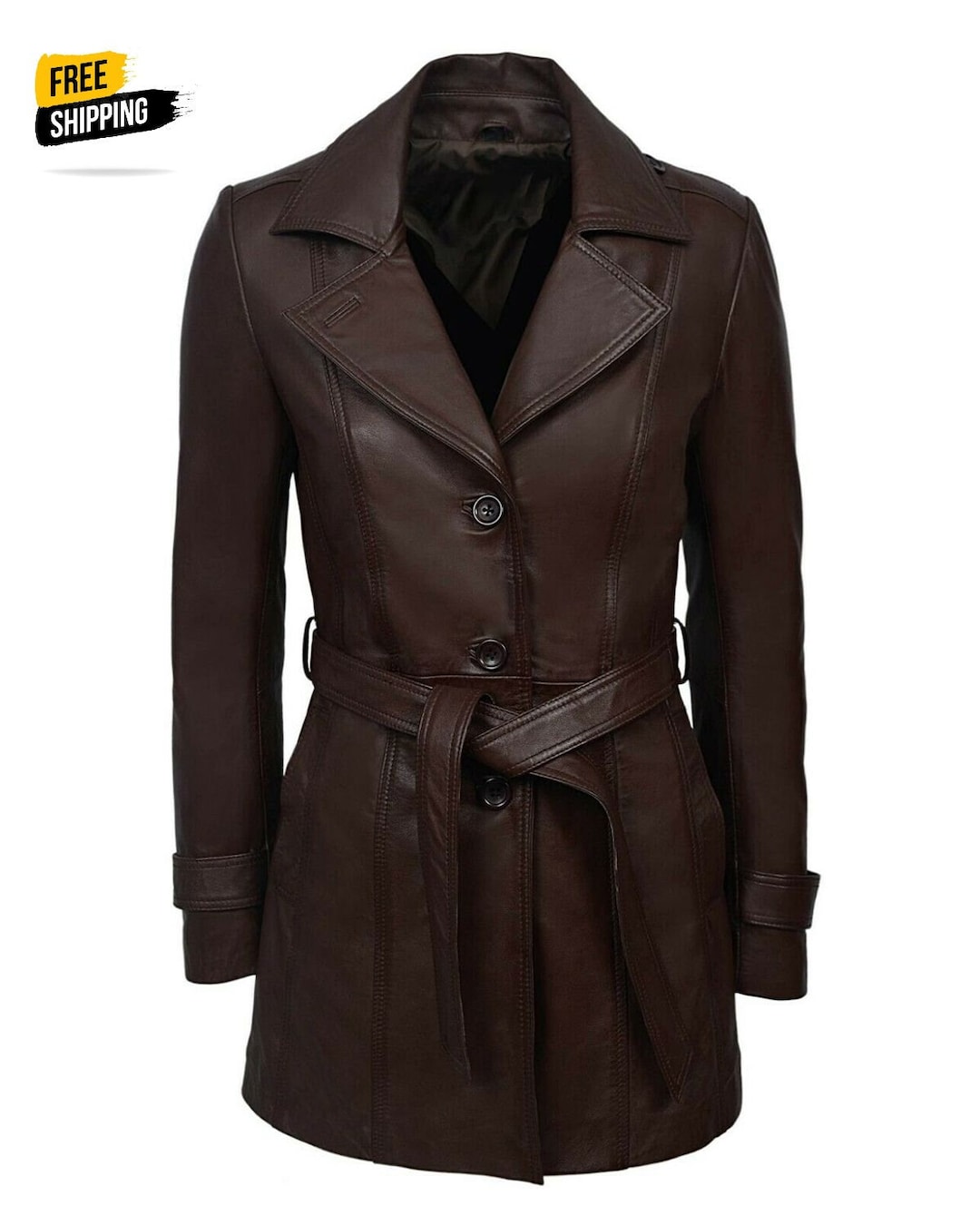 Women's Dark Brown Trench Belted Leather Coat - Etsy