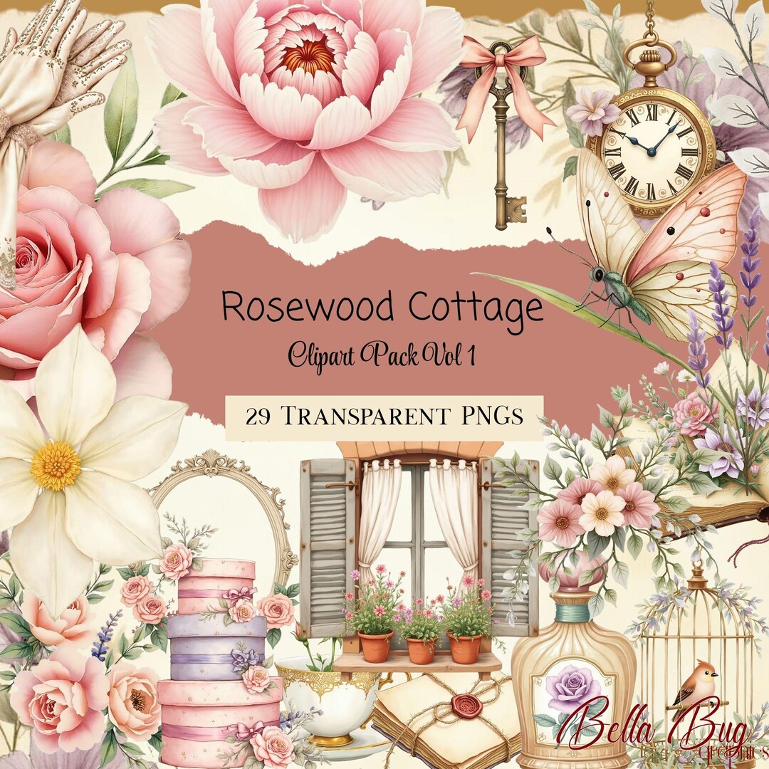 Rosewood Cottage Clipart Pack Vol. 1 | Vintage Floral Pngs, Romantic ...
