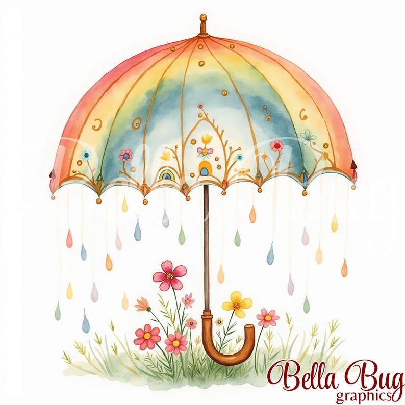 Spring Rainbows Clipart: Watercolor Flowers, Umbrellas (JPG Files ...