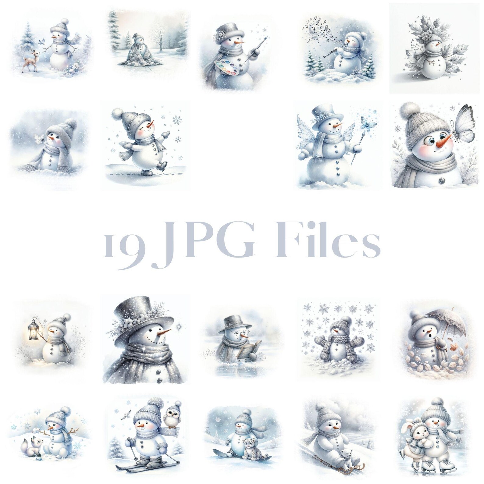 Silver Frost Snowmen Clipart Collection | Whimsical Watercolor Clipart ...