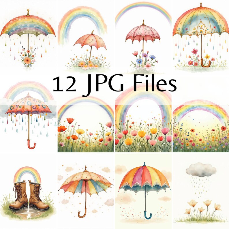 Spring Rainbows Clipart: Watercolor Flowers, Umbrellas (JPG Files ...