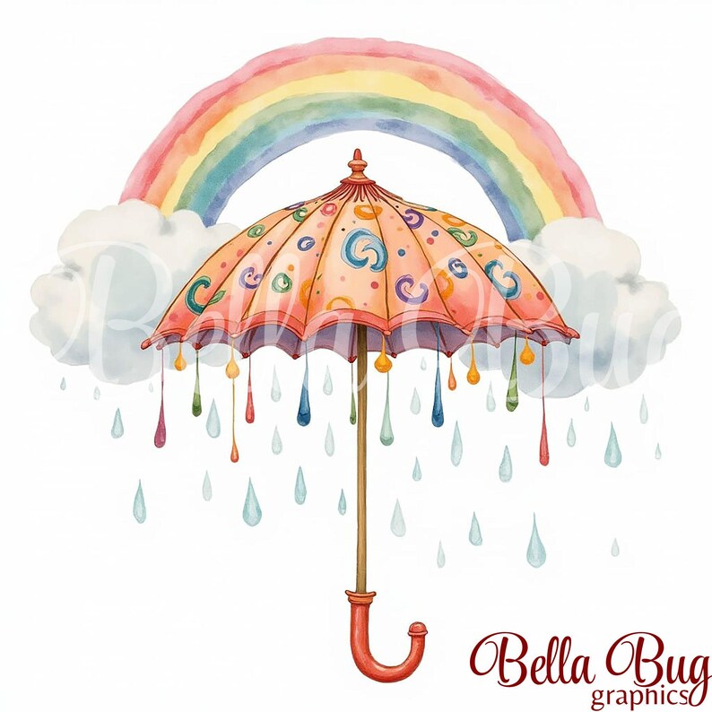 Spring Rainbows Clipart: Watercolor Flowers, Umbrellas (JPG Files ...