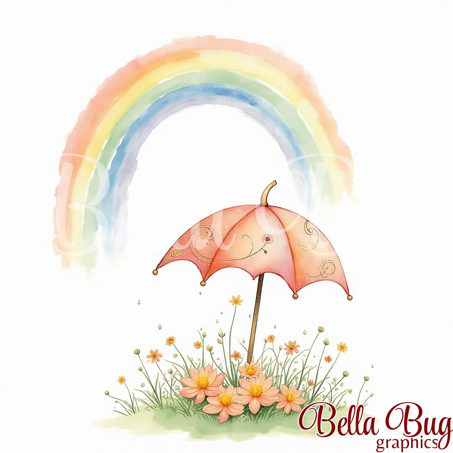 Spring Rainbows Clipart: Watercolor Flowers, Umbrellas (JPG Files ...
