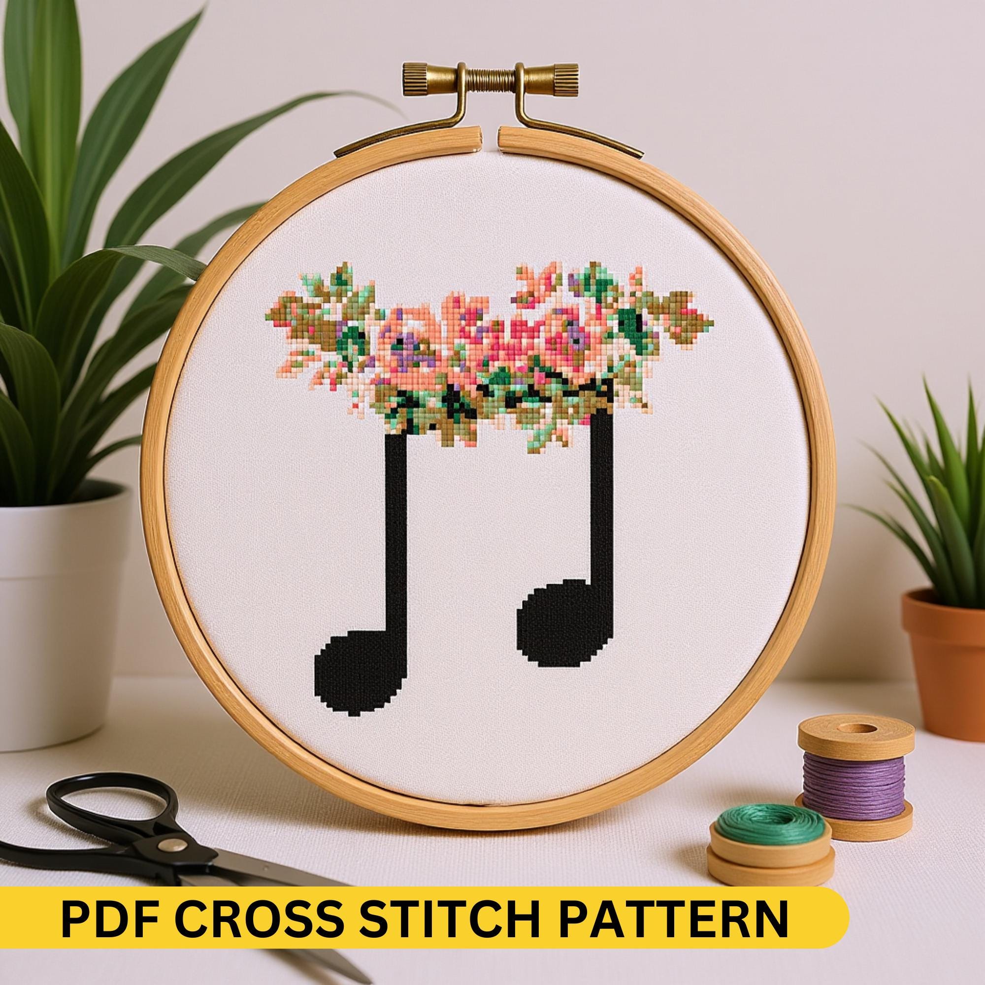 Floral Music Notes Cross Stitch Pattern PDF | Musical Flower Embroidery ...