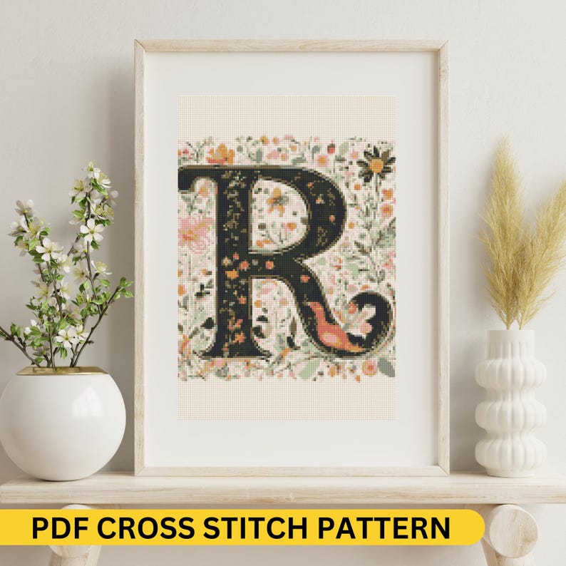 Floral Alphabet Cross Stitch Pattern | Whimsical Embroidery Letter R ...