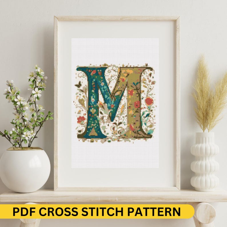 Floral Alphabet Cross Stitch Pattern | Whimsical Embroidery Letter M ...