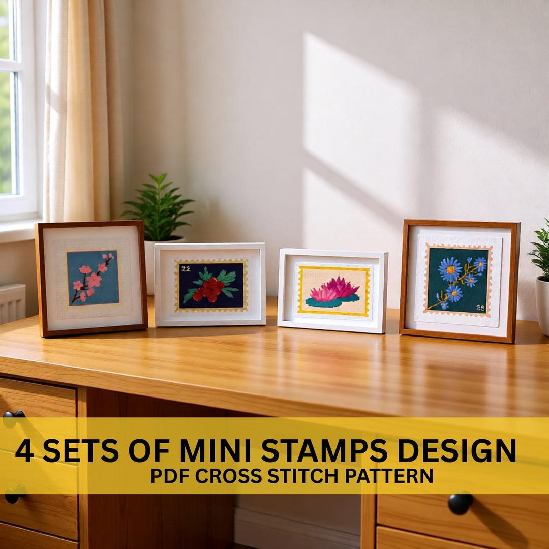 Mini Cross Stitch Pattern PDF | Retro Floral Stamp Embroidery | 4 Mini Designs Lotus Berries ...