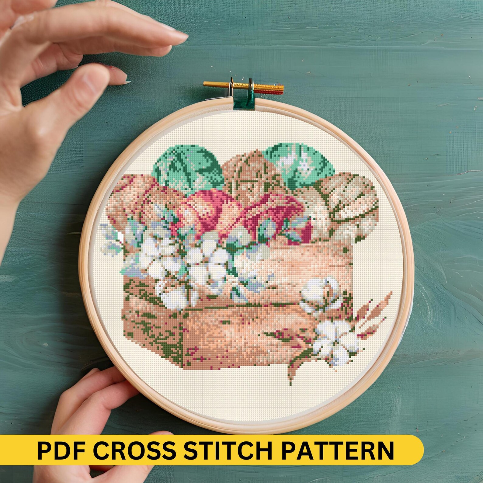 Yarn Crate Cross Stitch Pattern PDF | Floral Yarn Balls in Wooden Box ...