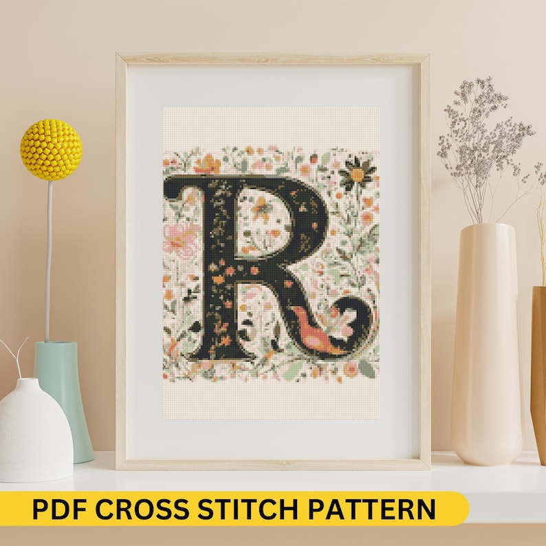 Floral Alphabet Cross Stitch Pattern | Whimsical Embroidery Letter R ...