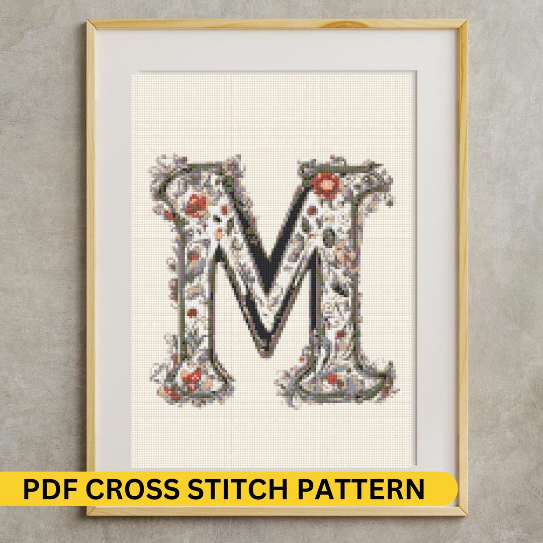 Floral Alphabet Cross Stitch Pattern | Whimsical Embroidery Letter M ...