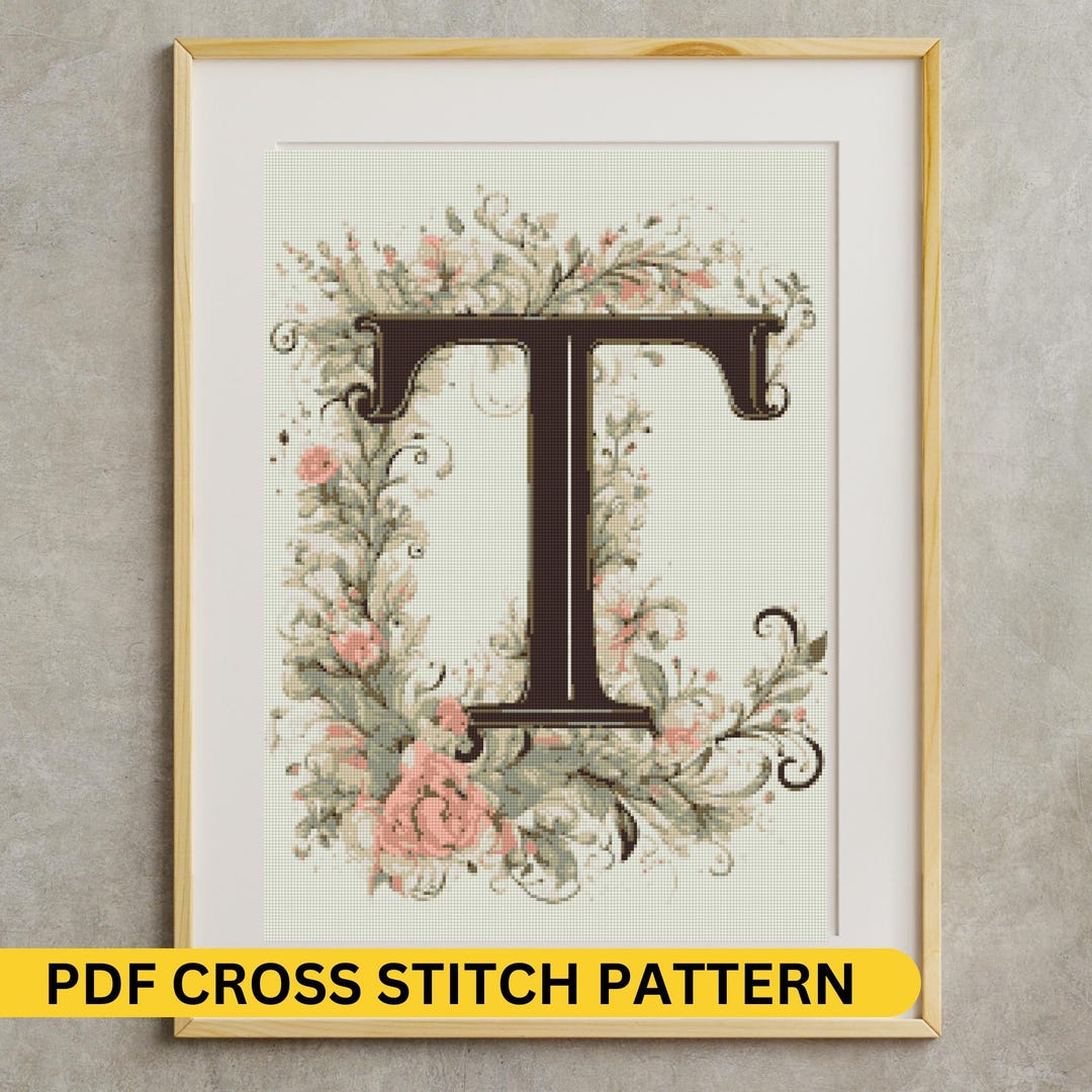 Floral Alphabet Cross Stitch Pattern | Whimsical Embroidery Letter T ...